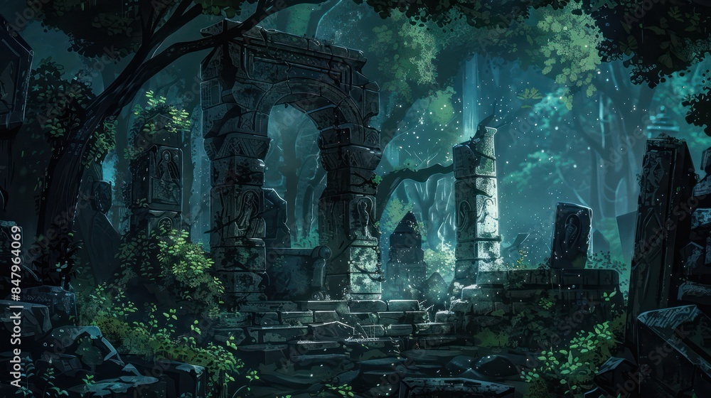 Fantasy graphic novel illustration depicting a mystical forest with ...