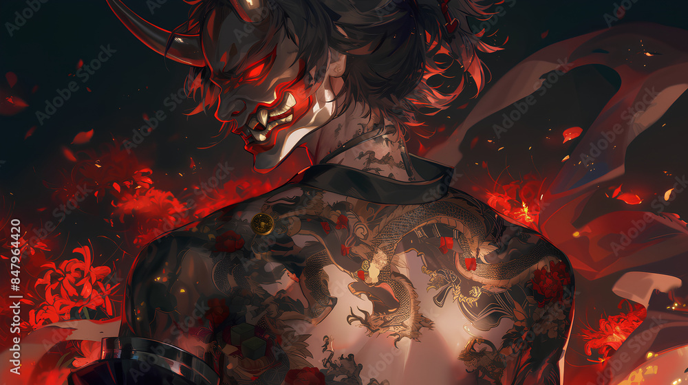 Anime guy with tattoo, Japanese oni mask drawing Stock Illustration ...