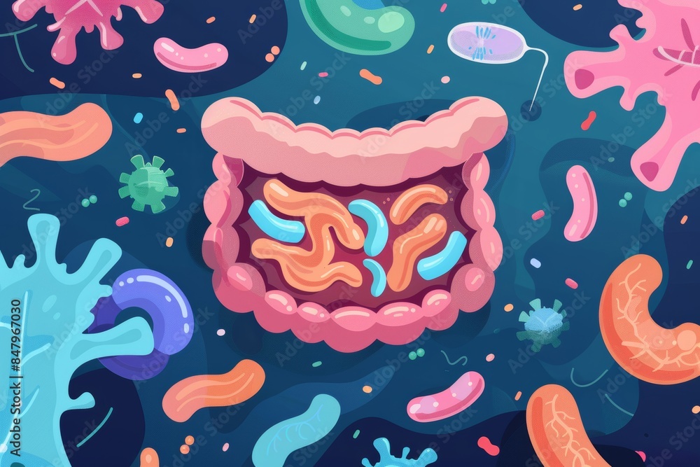 Colorful illustration of gut health featuring various gut bacteria and ...