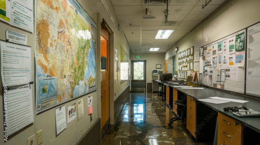 Environmental Scientist's Wall: Displaying maps of environmental data, images of ecosystems, and ...