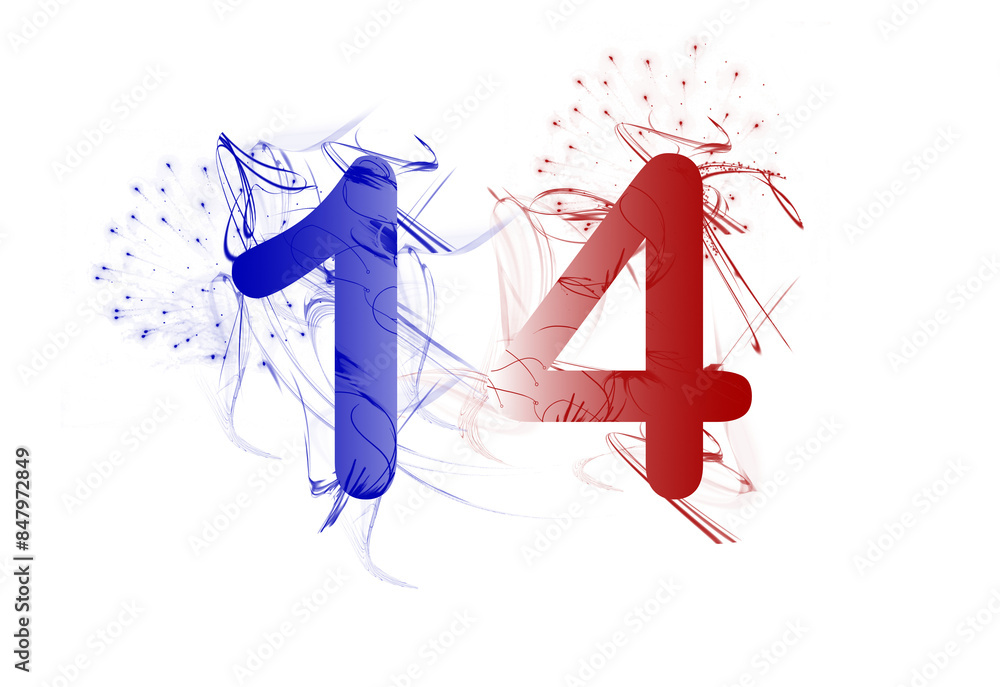 le chiffre « 14 » avec des couleurs tricolores françaises, bleu, blanc ...
