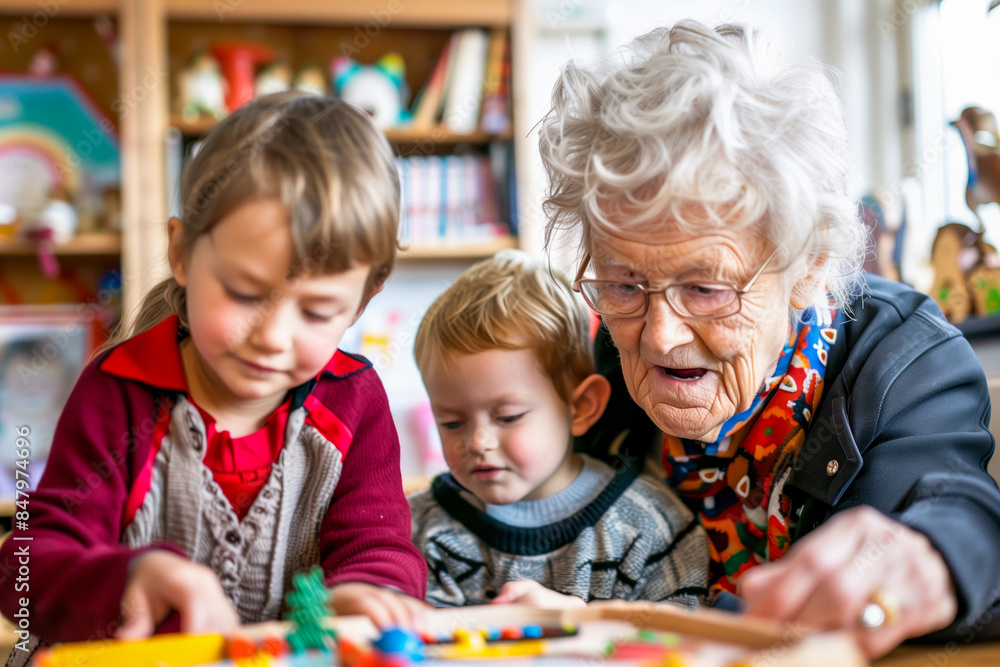 Intergenerational daycare center with children and elderly adults ...