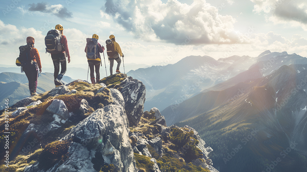 Group of explorers climbing a treacherous mountain peak, with sweeping ...