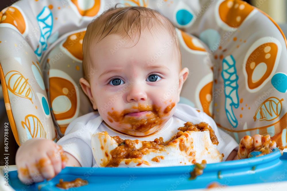 Baby tasting solid food for the first time, with a messy face smeared ...