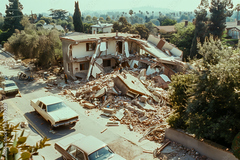 Devastating earthquake aftermath, with collapsed buildings, rubble ...