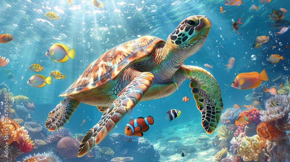 turtle with group of colorful fish and sea animals with colorful coral ...