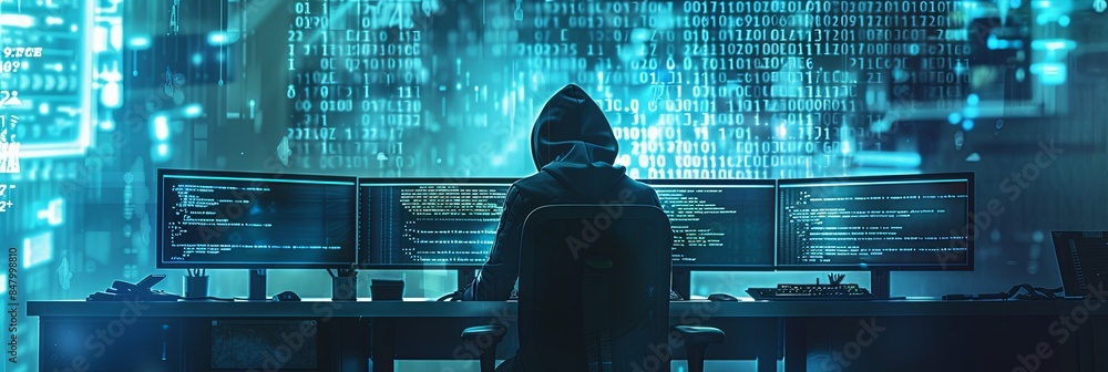A hacker in a hood with a pixelated face hidden against a dark blue and ...