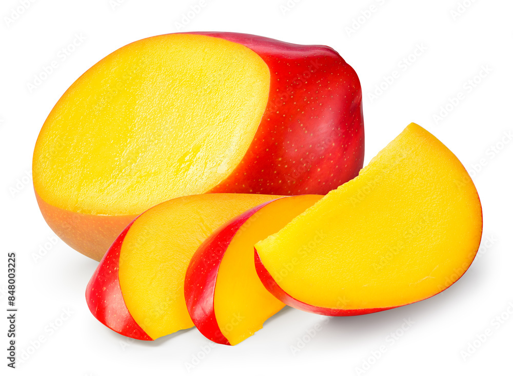 Mango isolated. Mango half with slices on white background. Sliced ...