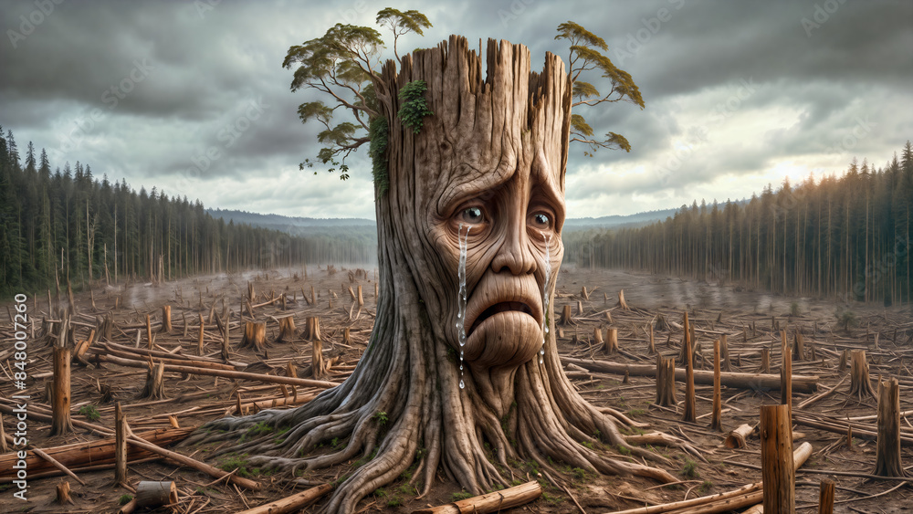 Crying tree stump with sad face and tears, surrounded by deforested ...