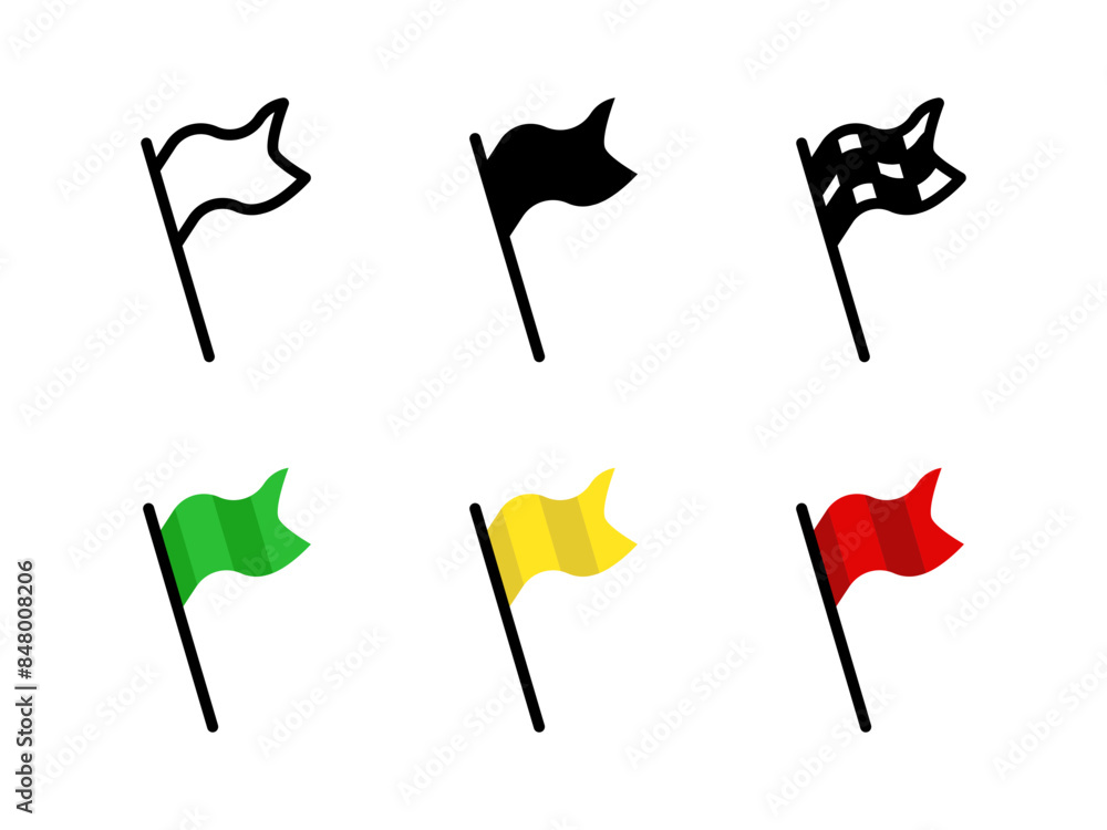 Flag icon set. Start and finish symbols. Red, green and yellow flag ...