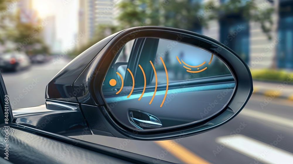 A blind zone monitoring sensor on a car's side mirror is detailed ...