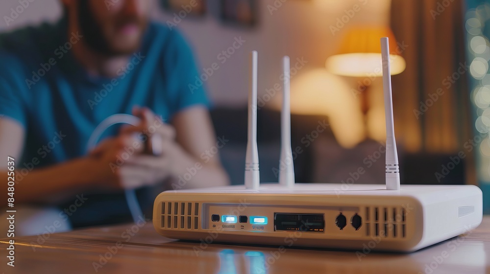 A router is in focus, with a blurred man in the background connecting a ...