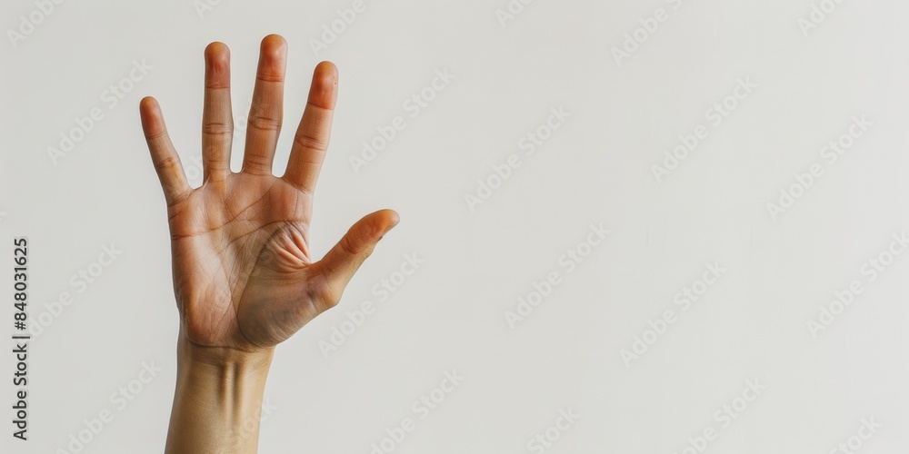 Hand, counting five, and person in studio with marketing mockup. Stop ...