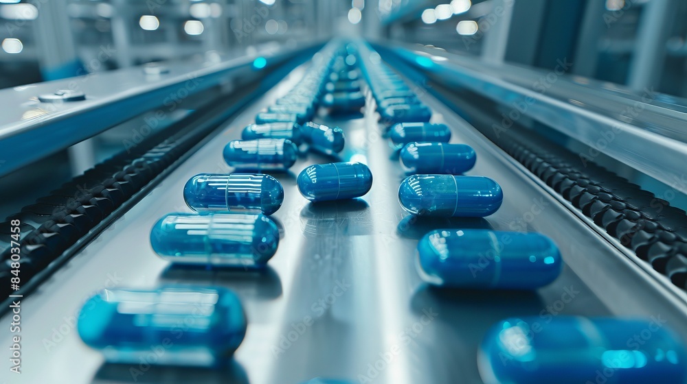 "Close-up shot of blue capsules moving on a conveyor belt at a modern ...