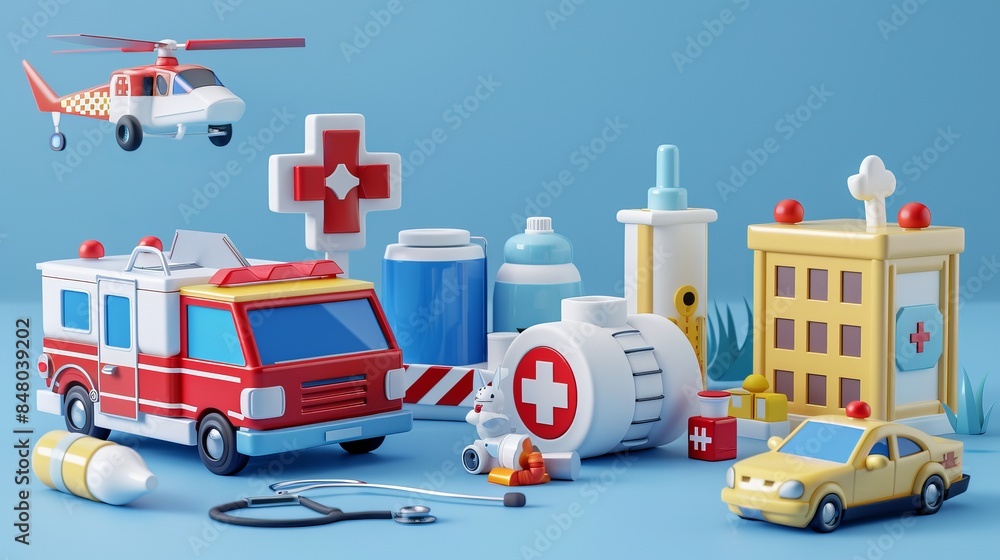 A collection of 3D icons representing healthcare and hospital services ...