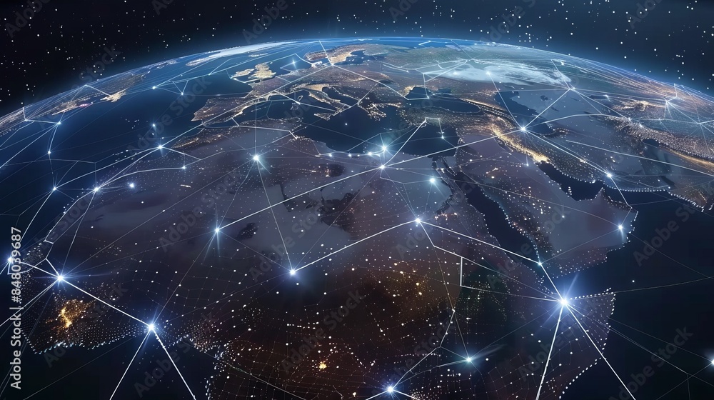 A 3D animation illustrating a global digital grid growing over Earth in ...