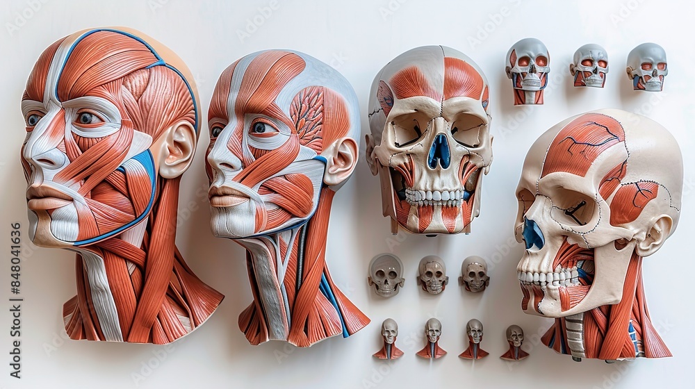A collection of anatomical models depicting the facial muscles and ...