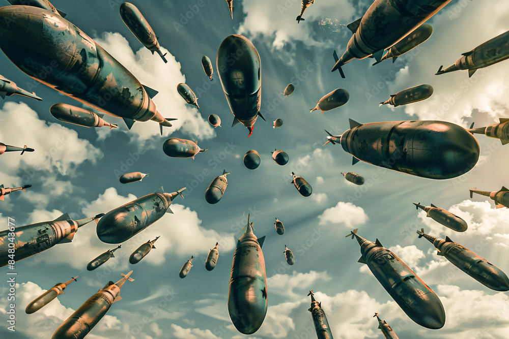 Multiple bombs descending from the sky with a cloudy background ...