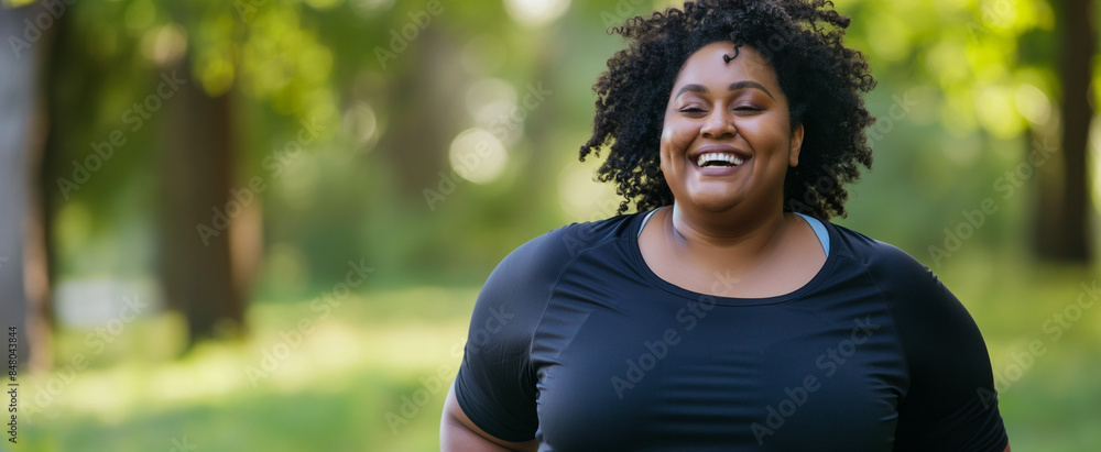 Happy plus size black woman jogging outdoors in a park to lose weight ...