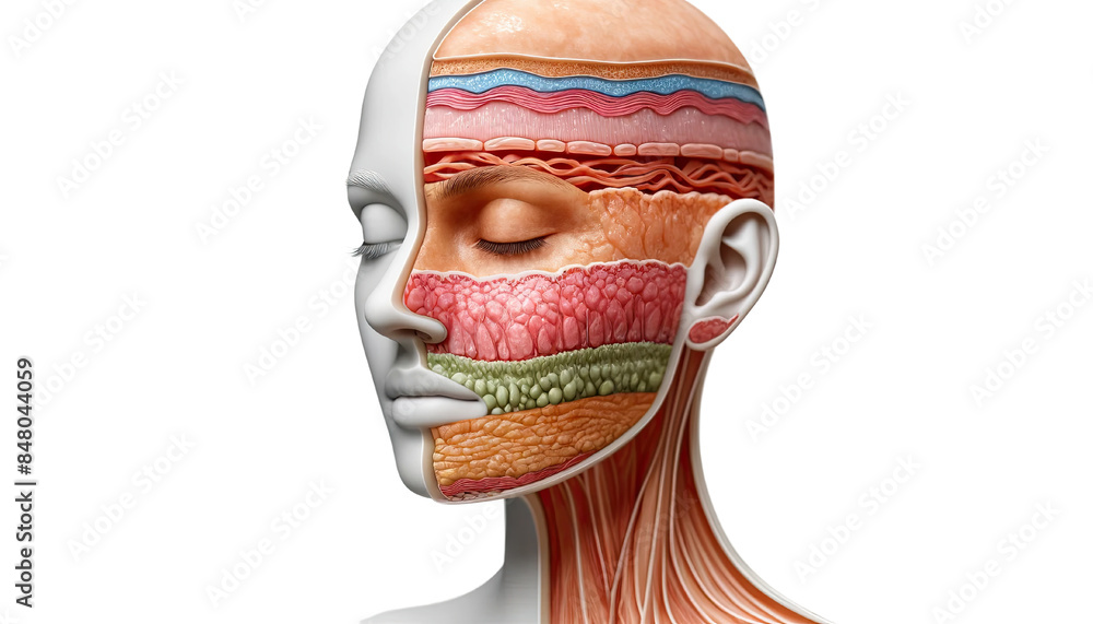 A detailed 3D anatomical illustration showing the layers of a woman's ...