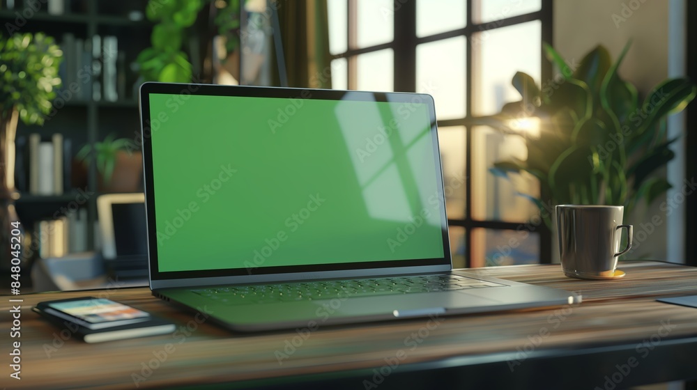 Modern workspace with a laptop featuring a green screen, smartphone ...