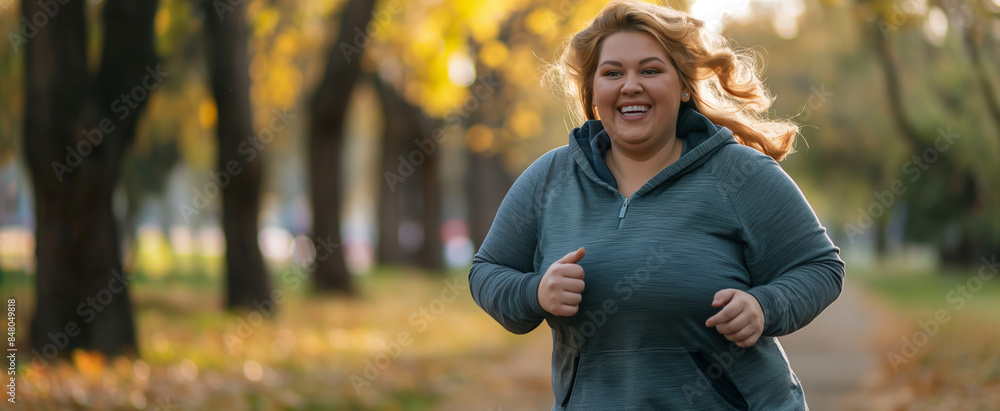 Happy plus size black woman jogging outdoors in a park to lose weight ...