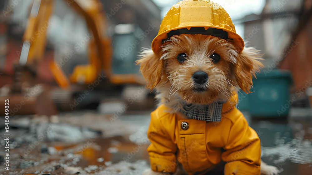 construction dog in a yellow hard hat elements sits at the construction ...