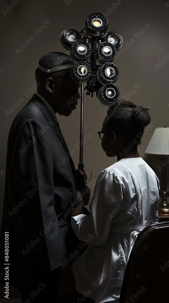 African American man getting eye exam with bright lights on his eyes ...