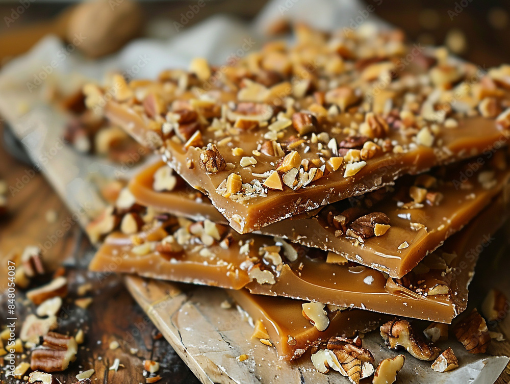 Layers of creamy caramel and crunchy nuts in a homemade classic toffee ...