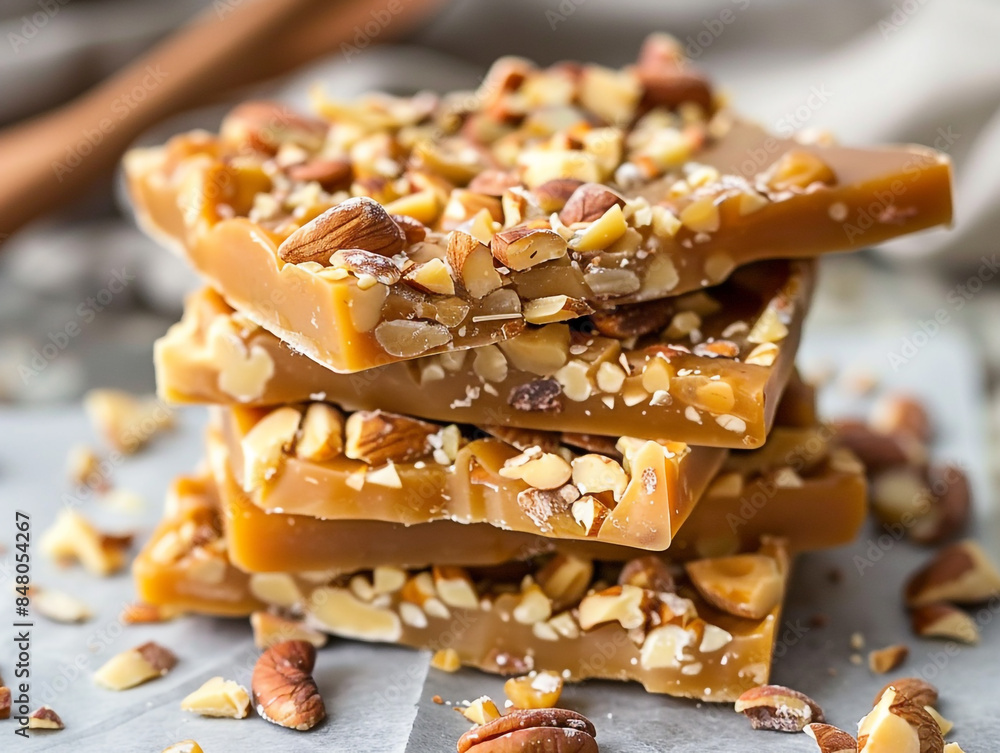 Layers of creamy caramel and crunchy nuts in a homemade classic toffee ...