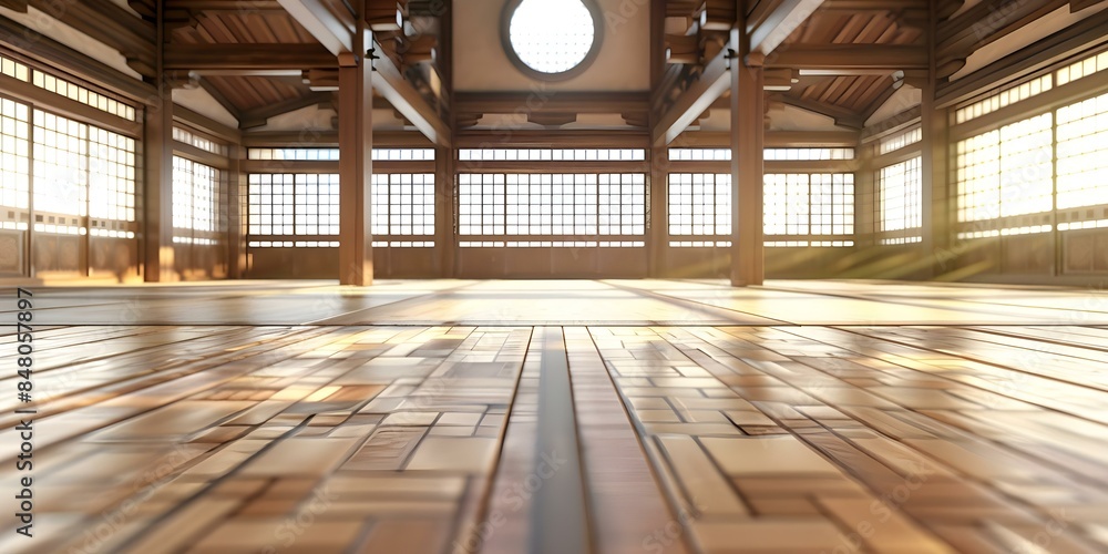 3D rendering of a traditional Japanese dojo or karate school interior ...