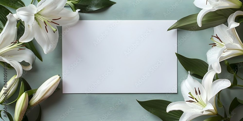 Overhead view condolence card with white lilies and blank space for ...