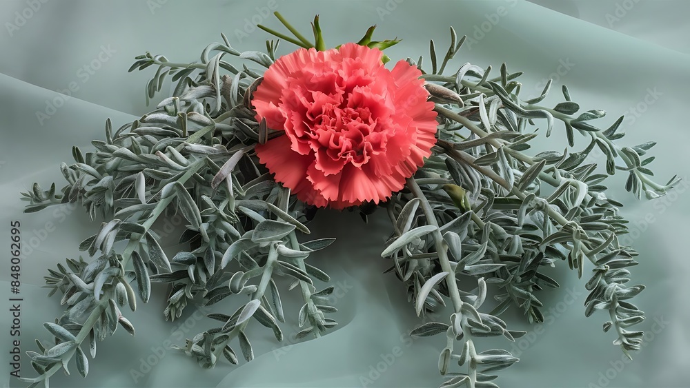 Flowers composition made of coral carnation and silver green leaves of ...