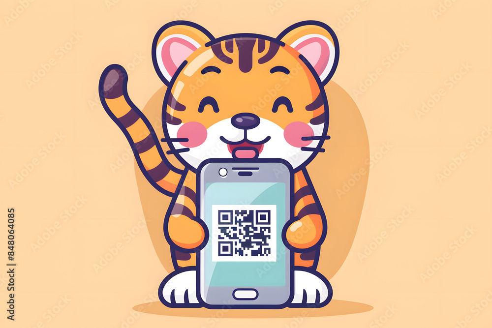 Flat Cute Cartoon Icons: Adorable Animals Scanning QR Codes with ...