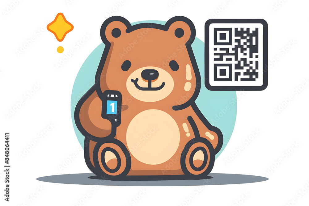 Flat Cute Cartoon Icons: Adorable Animals Scanning QR Codes with ...