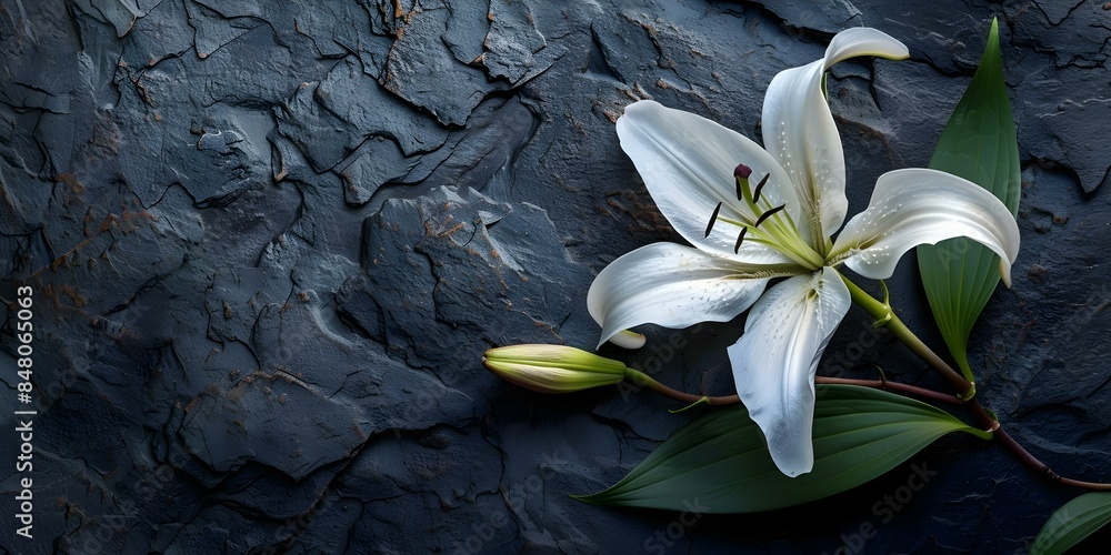 Dark stone background with lily funeral flower space for condolence ...