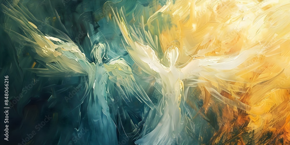 Painting of three winged figures possibly angels or holy beings ...