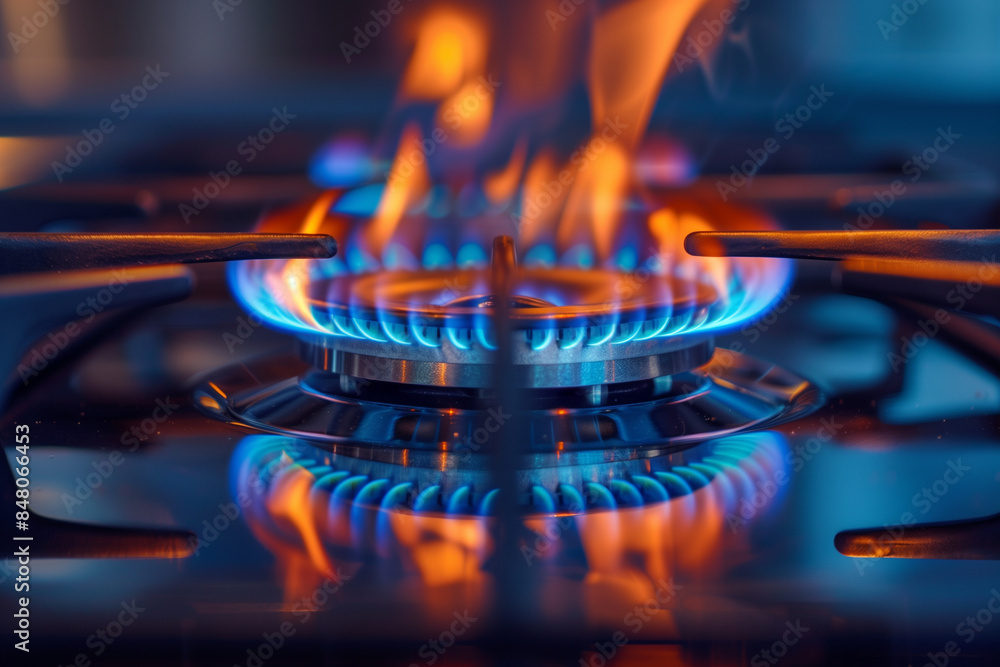 A detailed closeup of a gas stove burner with flames flickering in blue ...