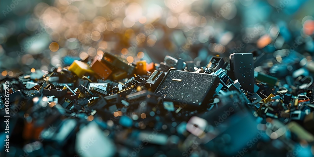 Blurred image of electronic waste pile symbolizing recycling and ...