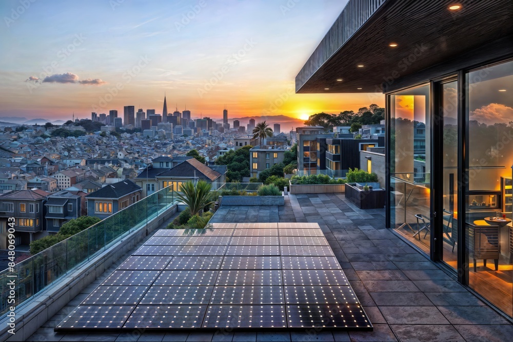 A luxurious rooftop terrace at sunset with solar panels, offering a ...