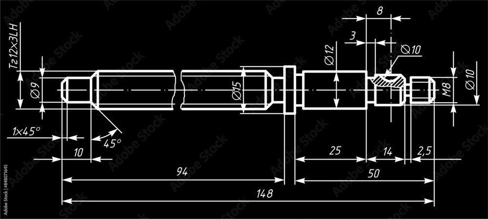 Vector drawing of steel mechanical part with through holes, dimension ...