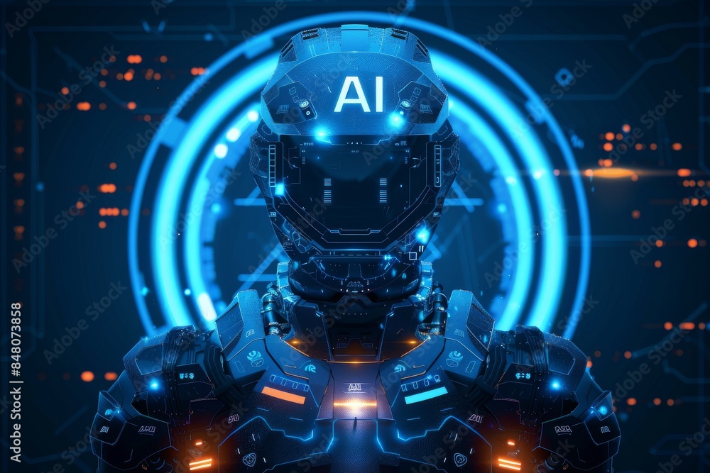 Futuristic robotic figure with a glowing AI logo, symbolizing the ...
