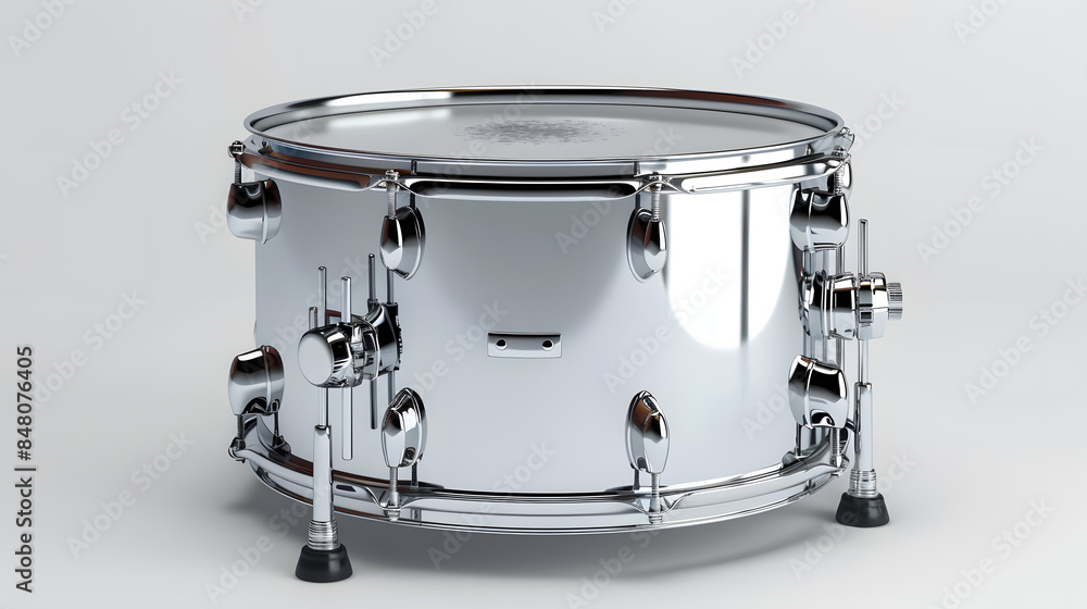 silver snare drum on a drum stand isolated on white background ...
