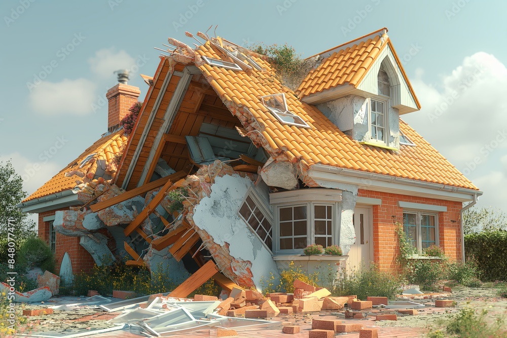 Partially collapsed house with damaged roof illustrating destruction ...