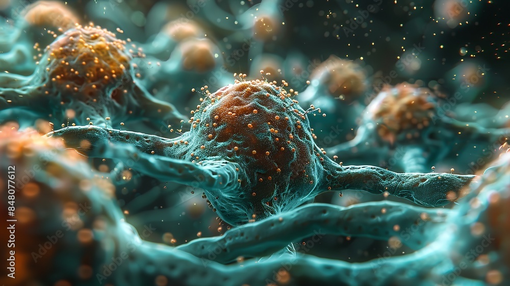 A microscopic image depicting cancer cells in the process of mitosis ...