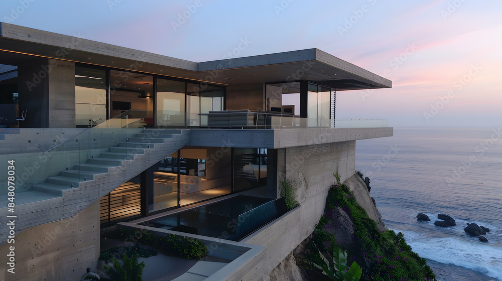 A contemporary cliffside residence with a concrete exterior, designed ...