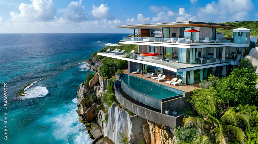 A contemporary cliffside villa with glass walls and infinity pool ...