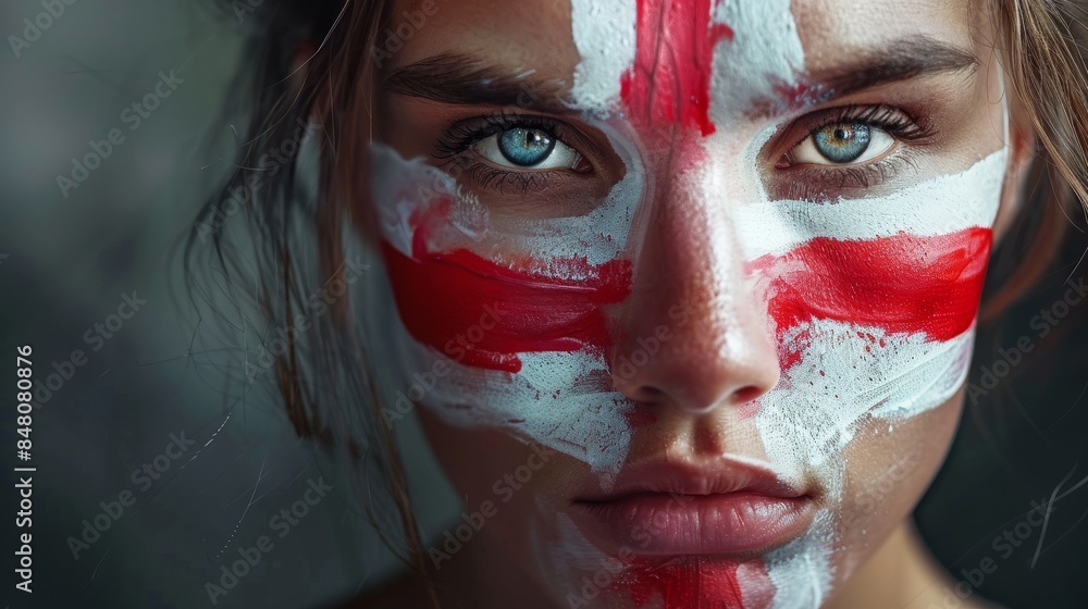 attractive woman make-up, St. George's cross on his face, fan, 16:9 ...
