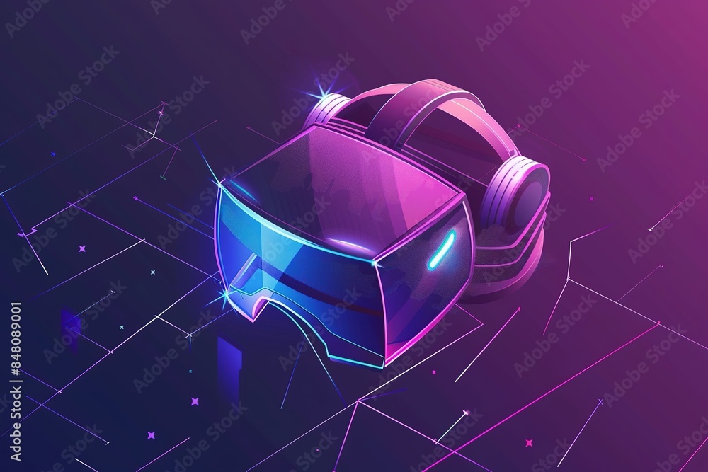 Virtual or augmented reality concept in isometric design. VR helmet in ...