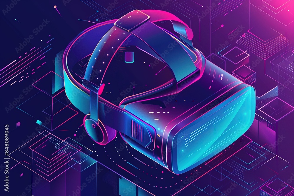 Virtual or augmented reality concept in isometric design. VR helmet in ...